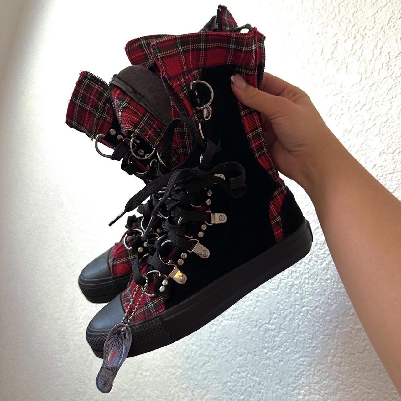 Demonia Women's Red and Black Trainers | Depop