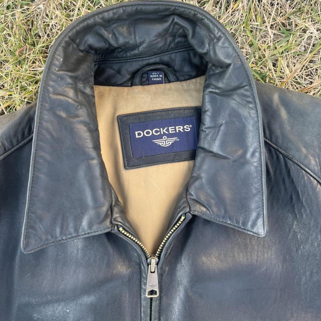VTG DOCKERS Leather Jacket 🌏 Wear on sleeves 🌏... - Depop