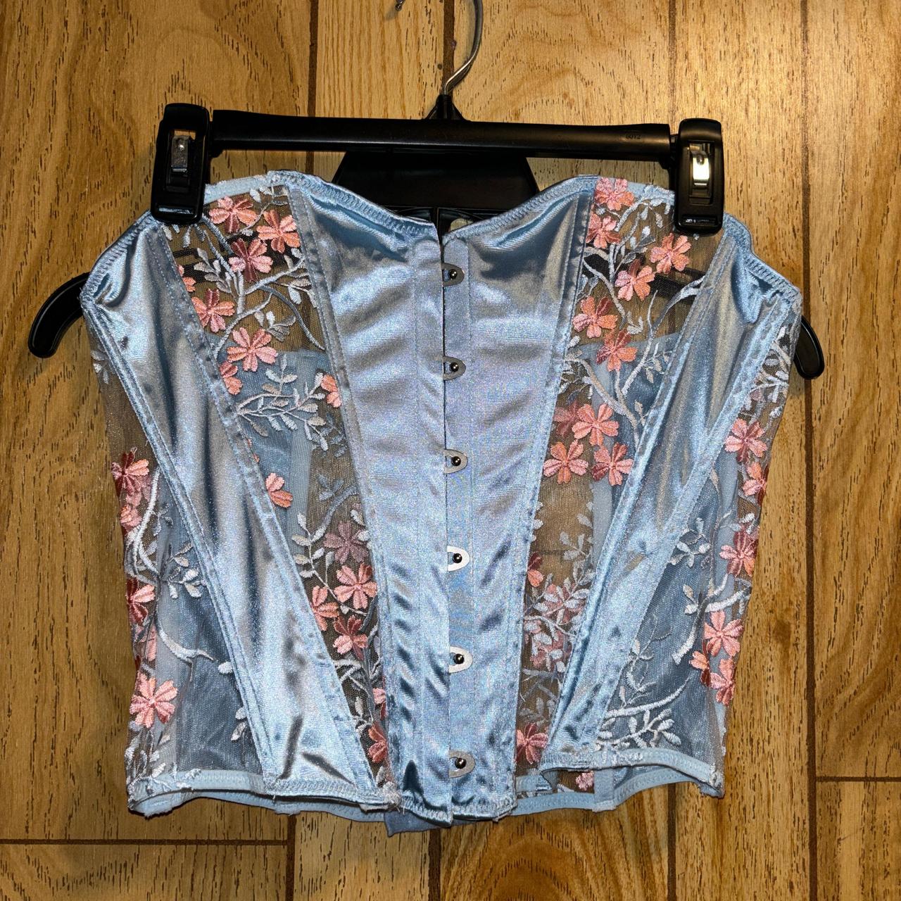 Blue and pink floral mesh corset Size Medium - Depop