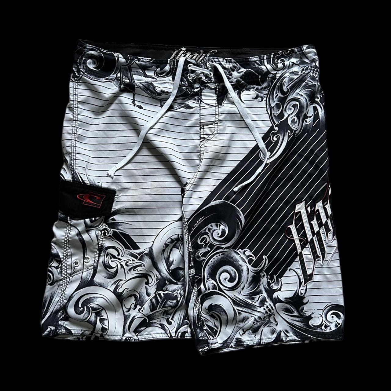 y2k mall goth affliction style swim trunks... - Depop