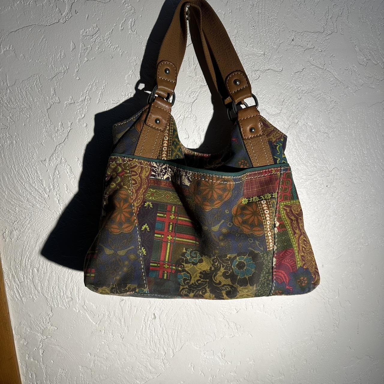 Fossil Multi-coloured patchwork shoulder bag with a... - Depop