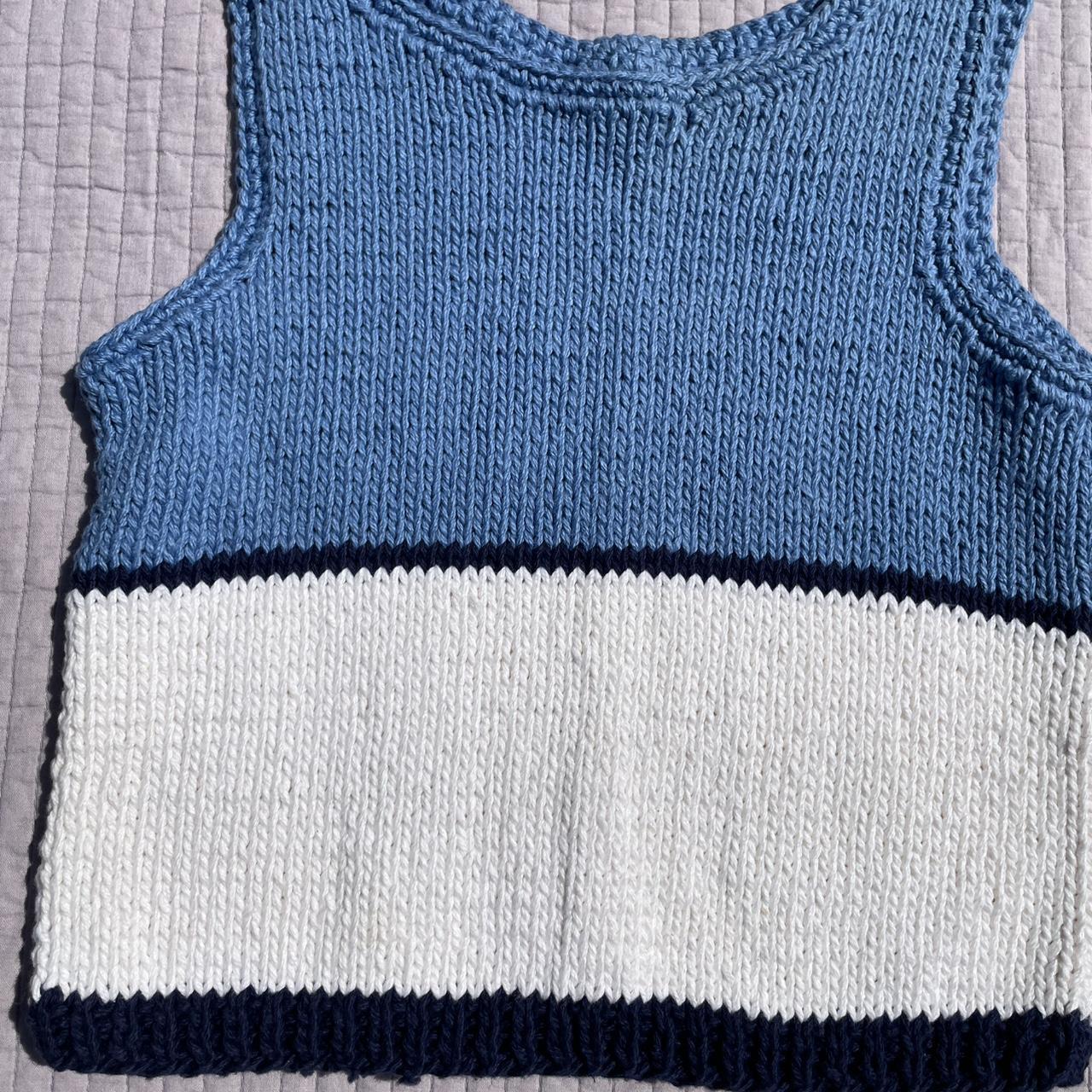 Hand knit blue and white tank top! Chest:... | Depop