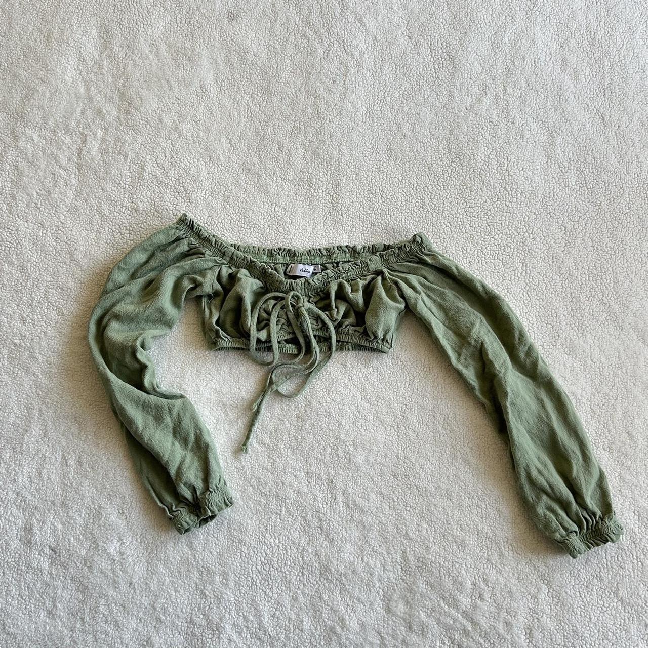 sage green off shoulder scrunch top !! DEPOP... - Depop