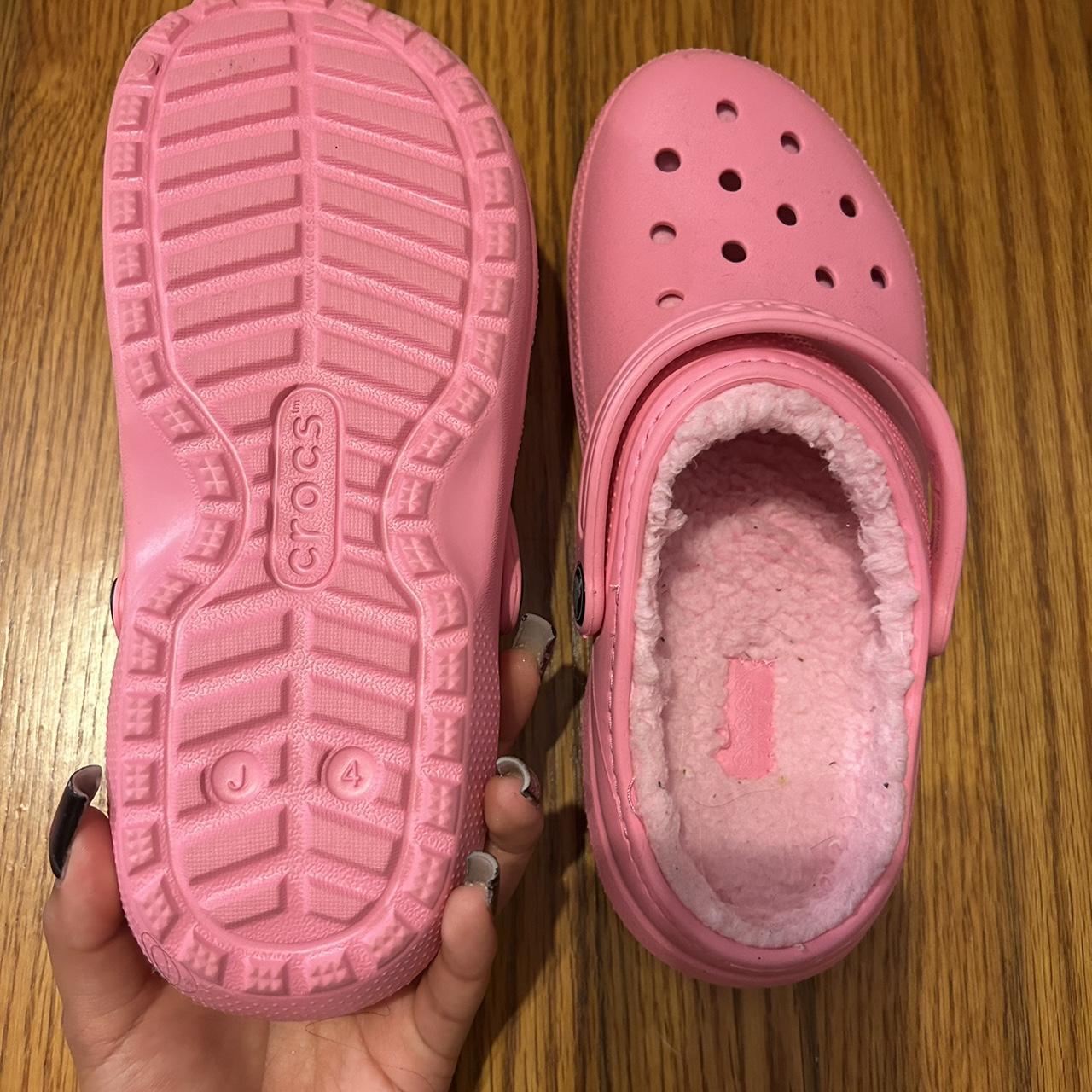 Pink fuzzy crocs never worn only tired on! Size J4 - Depop
