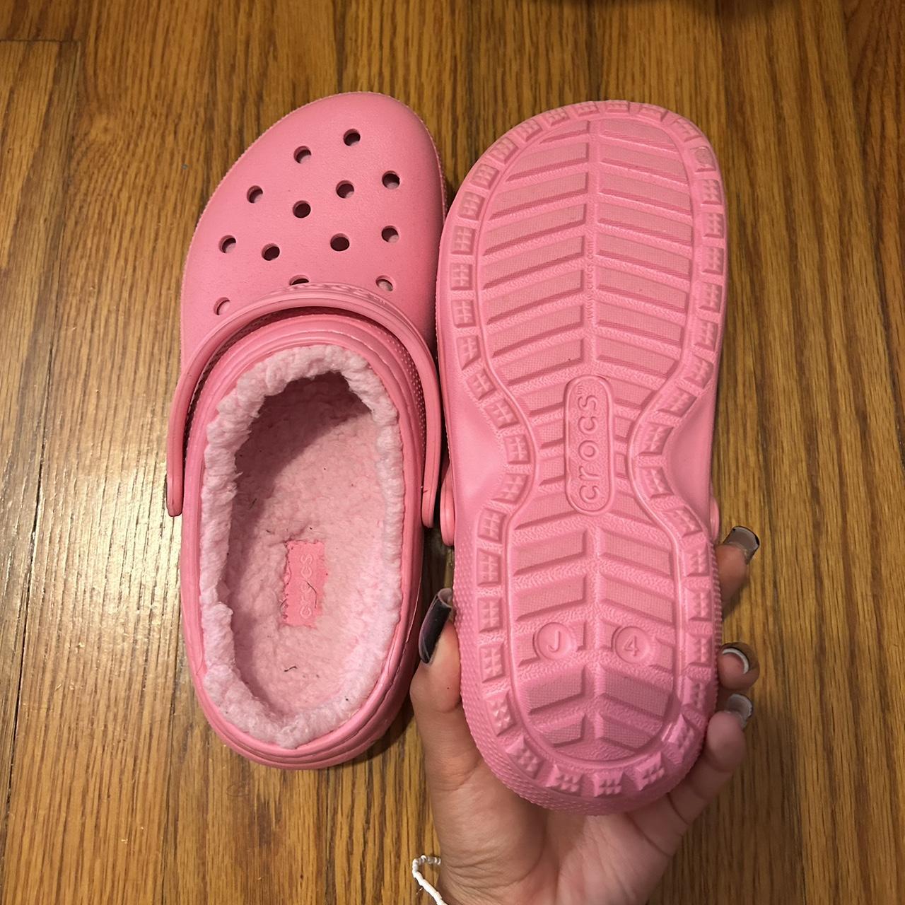 Pink fuzzy crocs never worn only tired on! Size J4 - Depop