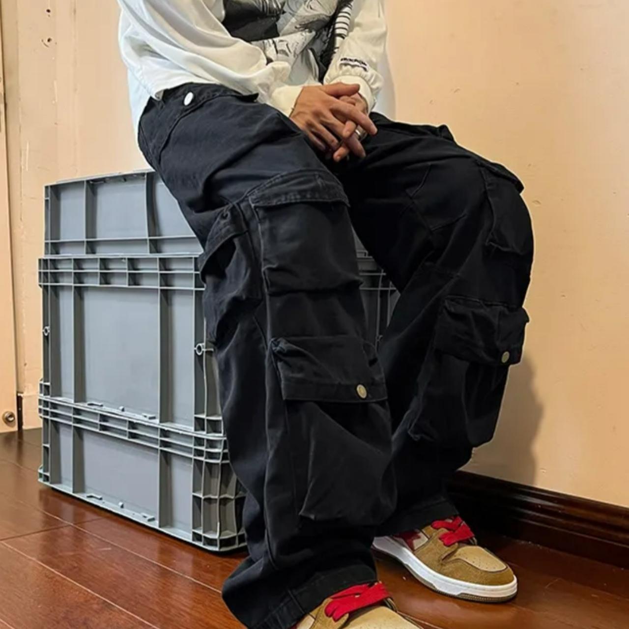 💕 Y2k Men's Cargo Pants Multi Pocket Male Hiphop... - Depop