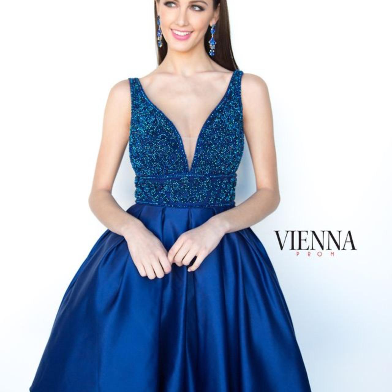 Vienna Prom 6097 Navy deep V-neckline, fully beaded... - Depop