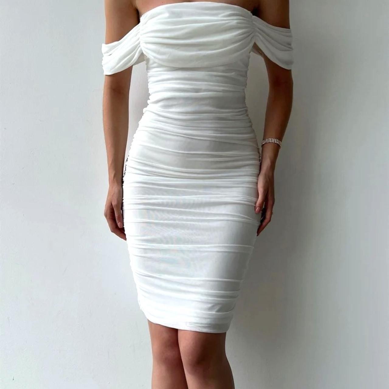 Off shoulder white ruched stretch cocktail dress. A... - Depop