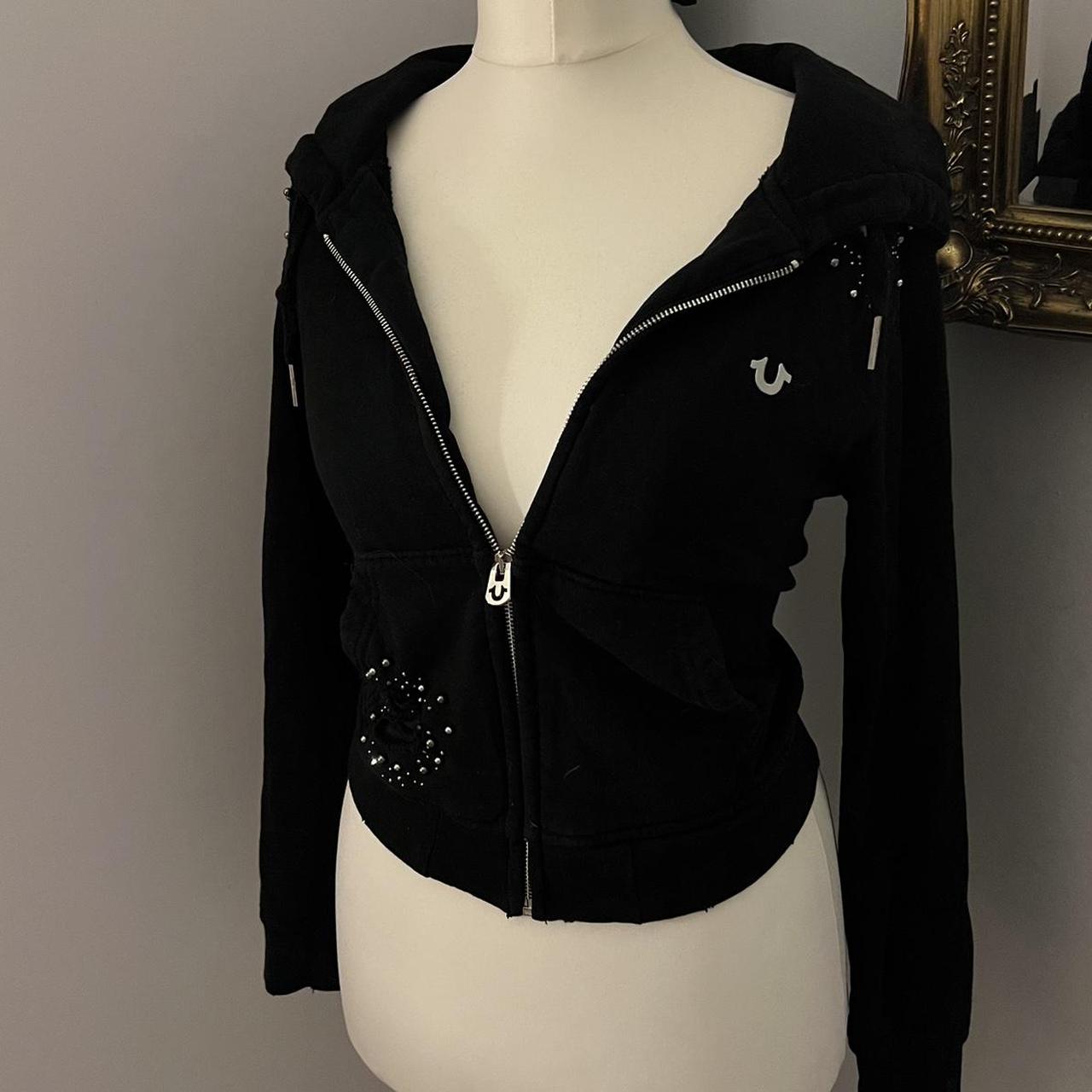Black True Religion zip up hoodie with rhinestone... - Depop