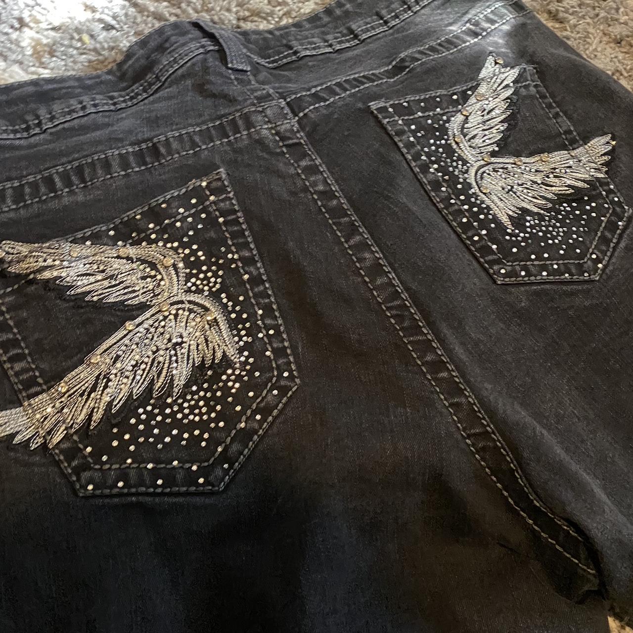 the cutest bedazzled angel wing y2k black denim... - Depop