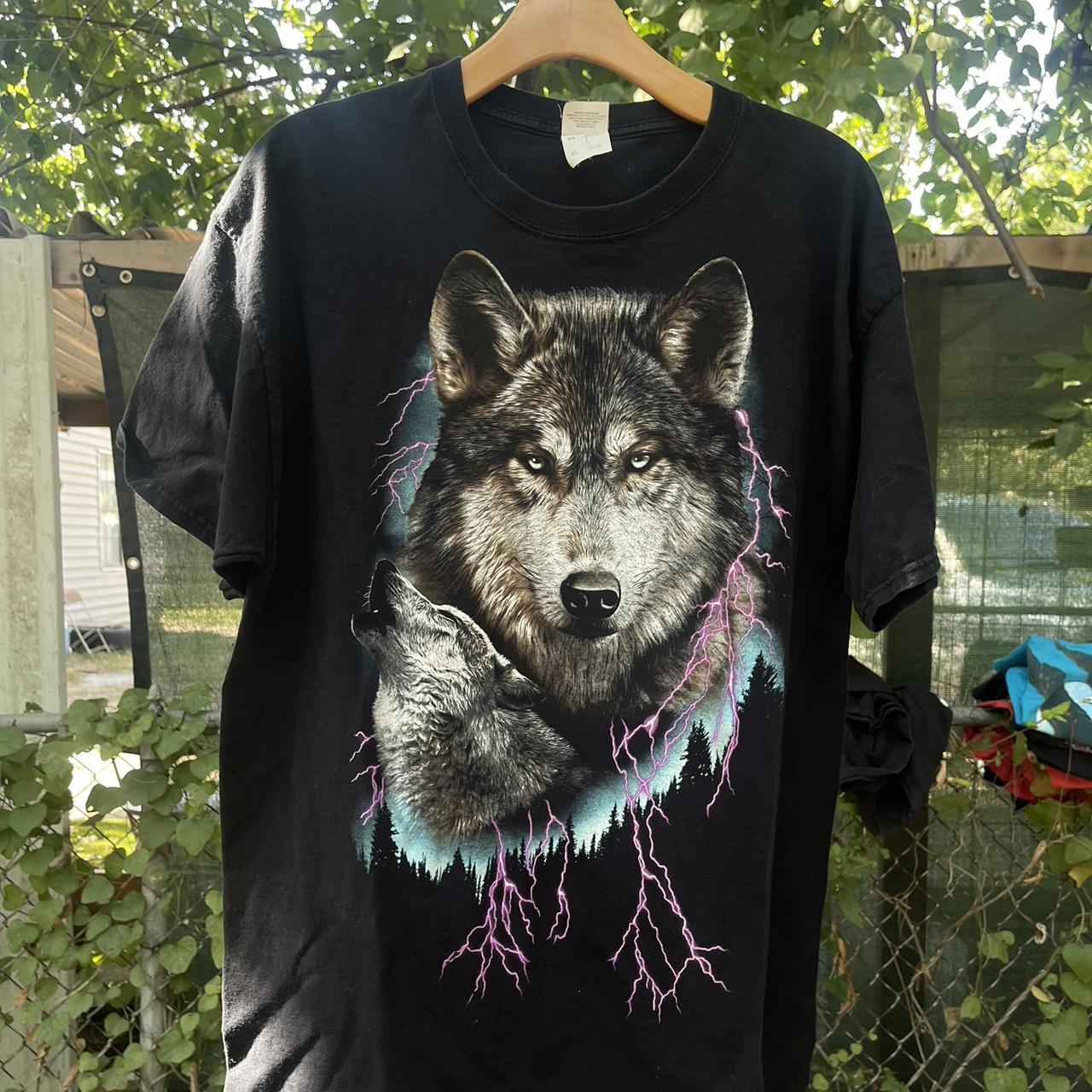 2000s Vintage Wolf T-Shirt With Neon Lighting Size... - Depop