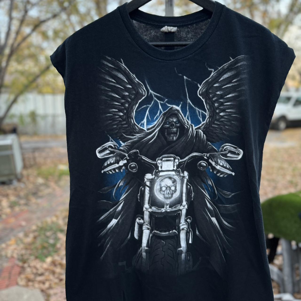 Y2K Skeleton Grim Reaper Riding Motorcycle T-shirt... - Depop