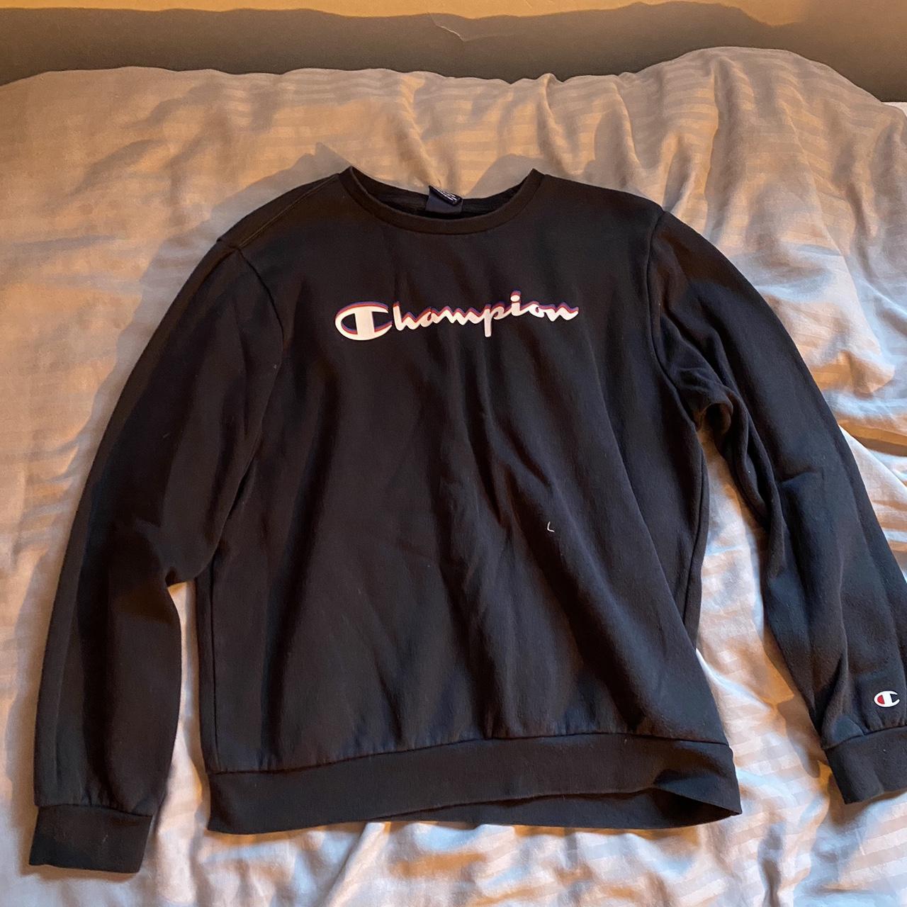 champion black crewneck jumper worn multiple times... - Depop
