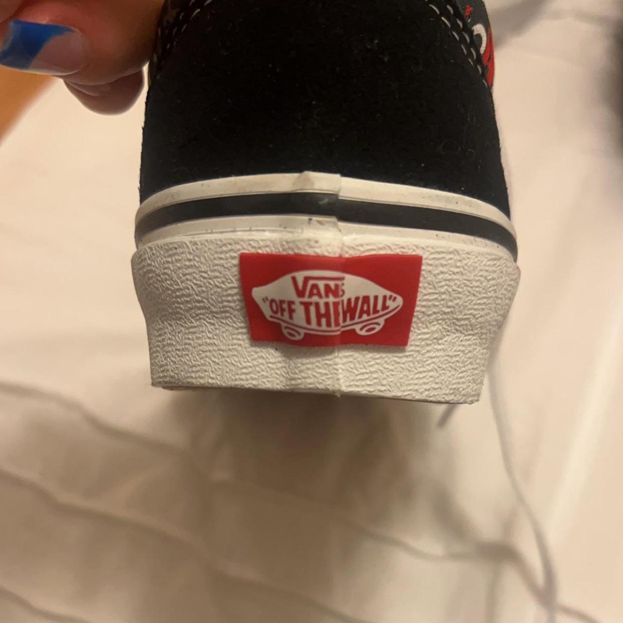 red and black vans logo design old skool shoes,... - Depop