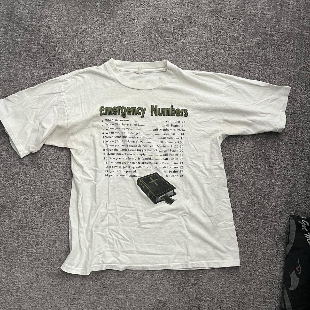 Funny 90s Bible Emergency Number tee - a unique,... | Depop