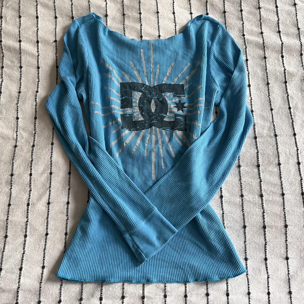 Off the shoulder Blue and White DC Long sleeve... - Depop