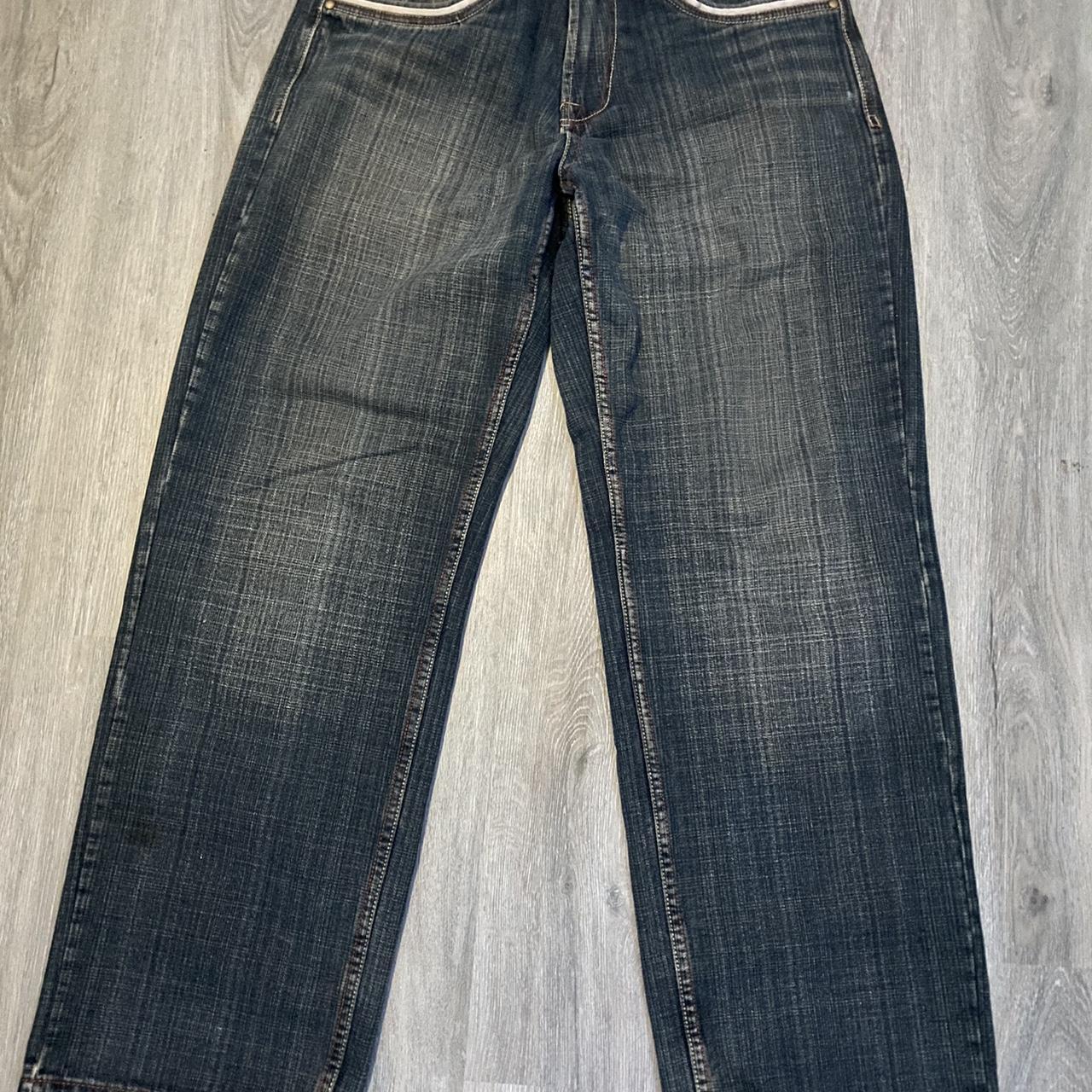 Basic Code dark blue with orange stitching baggy... | Depop