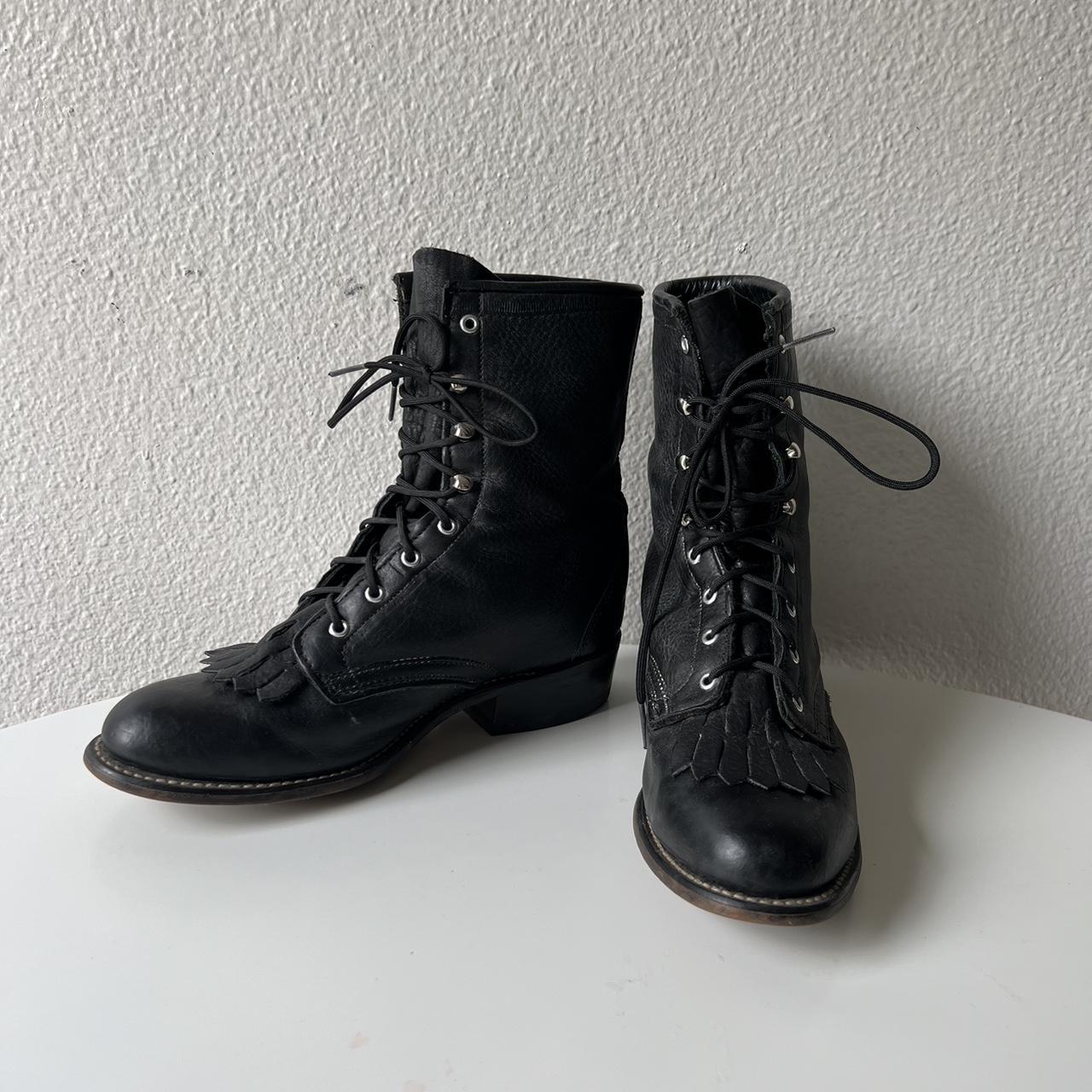 Laredo Cowgirl Leather Boots Vintage Black Lace-Up... | Depop