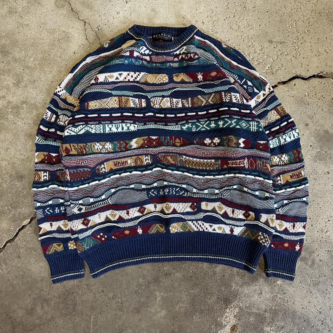 Vintage 90s Chunky coogi style multicolor pattern... - Depop