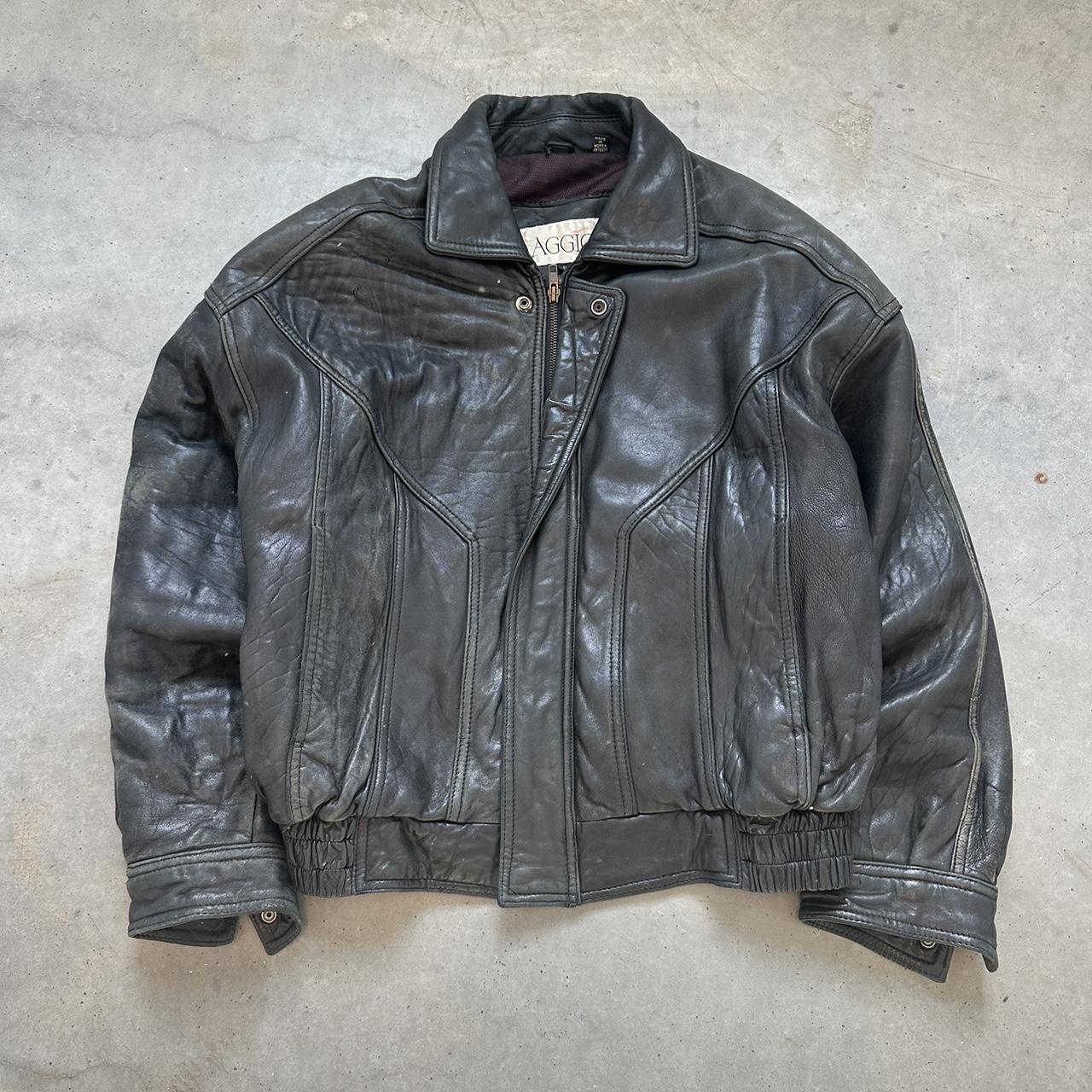 Vintage Aggio 80s 90s type A-2 black genuine leather... - Depop