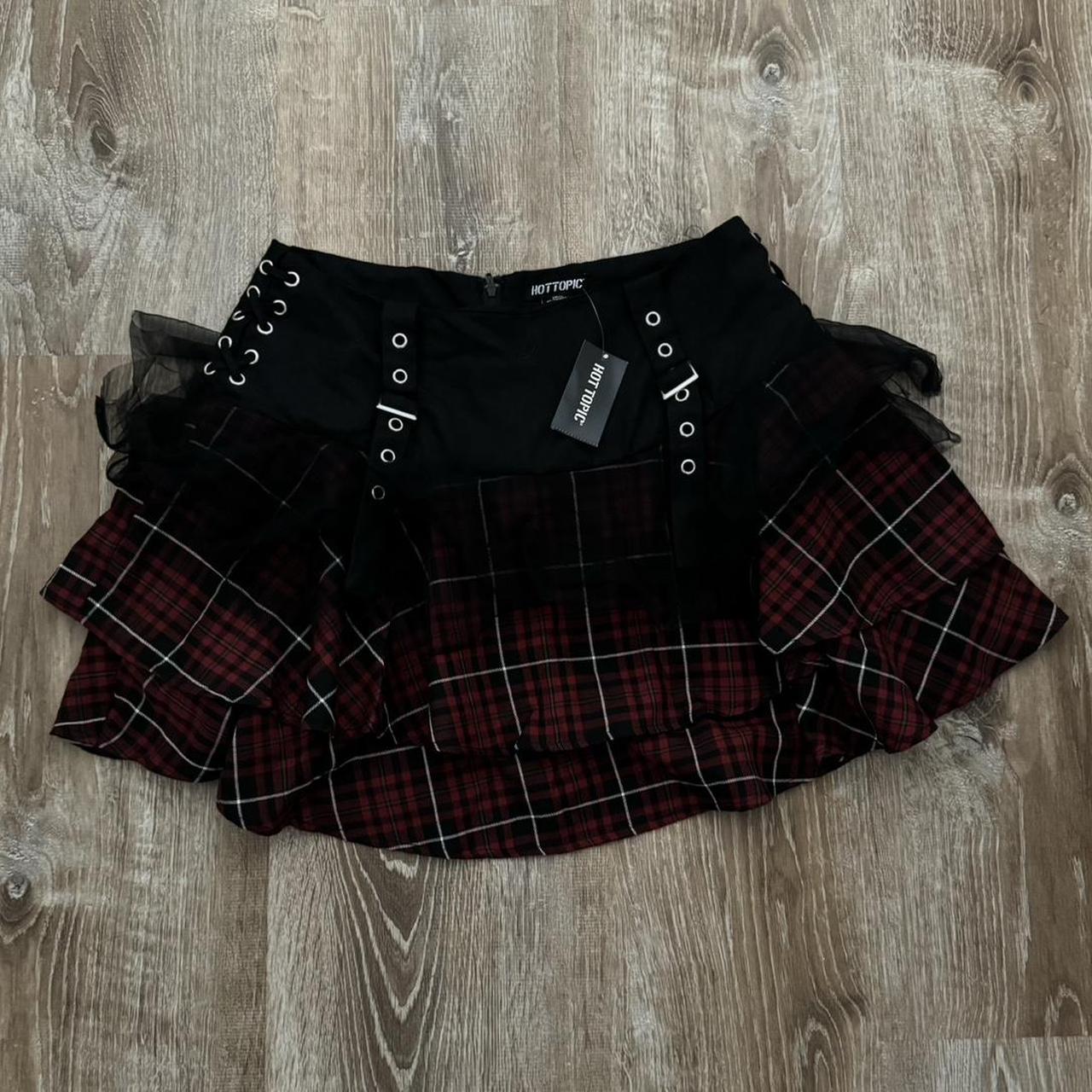 black and red plaid ruffle skirt hot topic size: m... - Depop