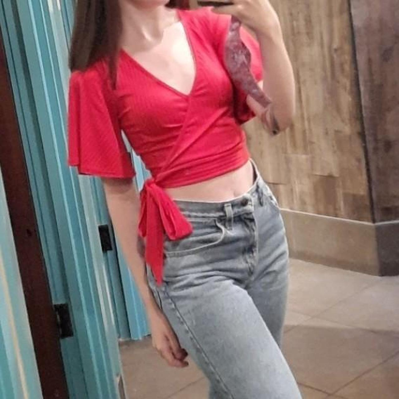 New Look red, cross over top Size 6 Worn but in... - Depop