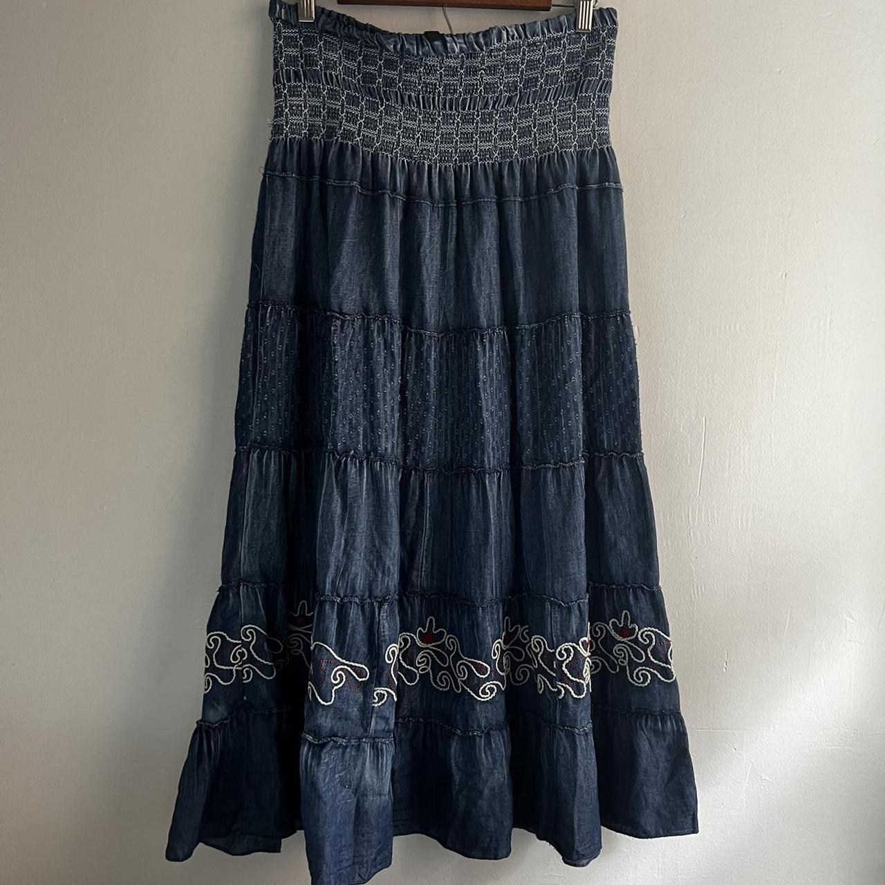 2000s bohemian denim maxi skirt by Lapis size large... - Depop