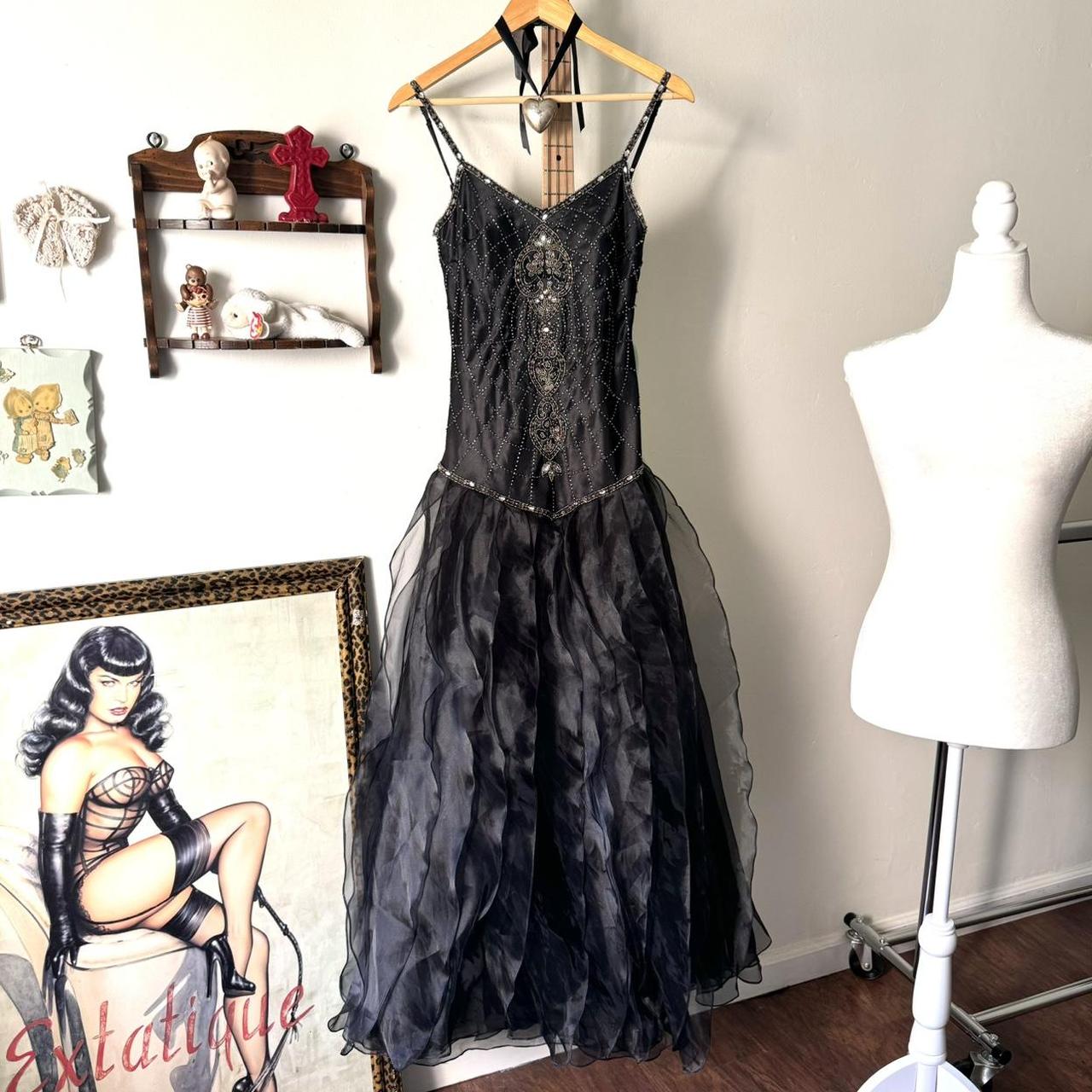 goth beaded prom dress spiderweb black low drop... - Depop