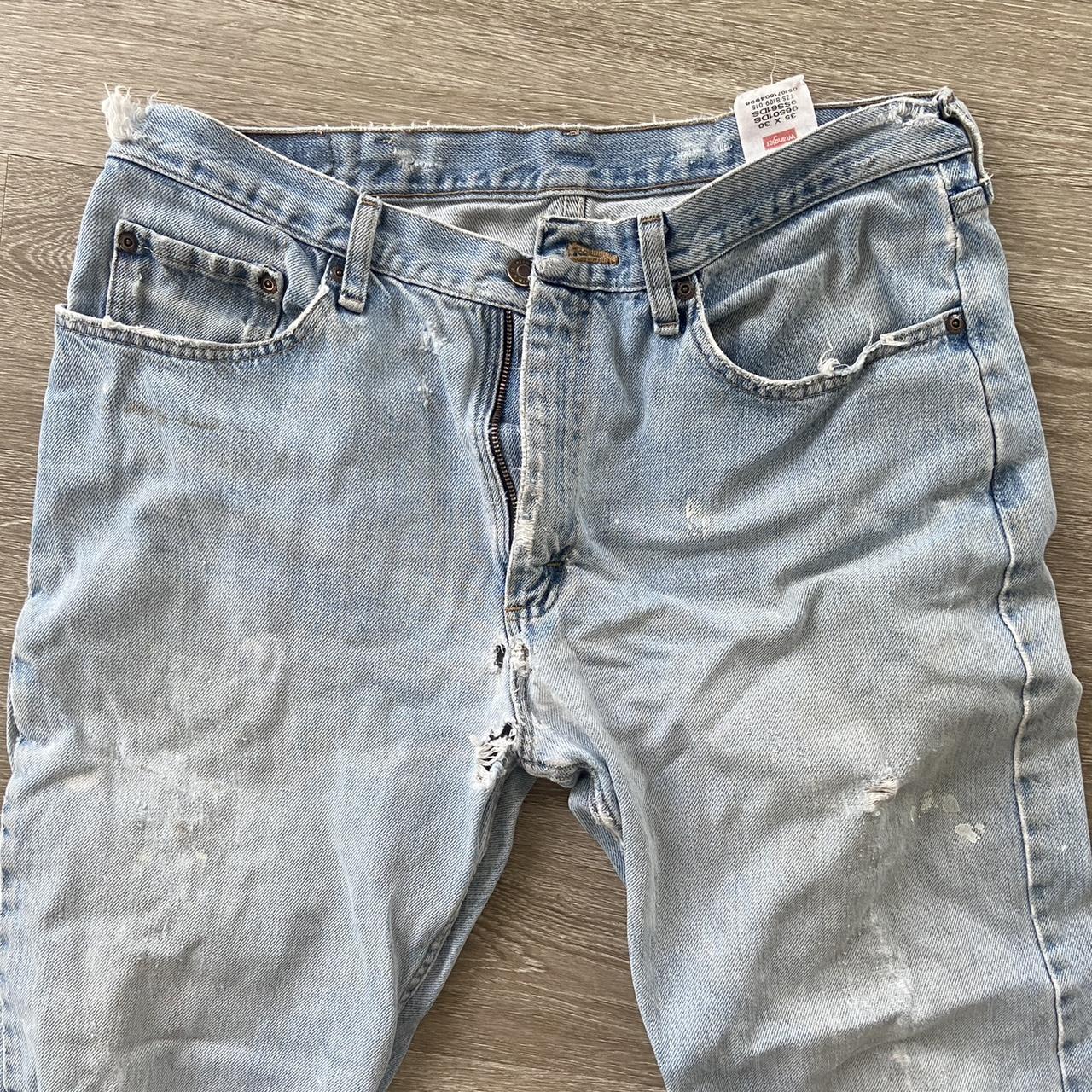 Vintage and worn Wrangler jeans in decent condition,... - Depop