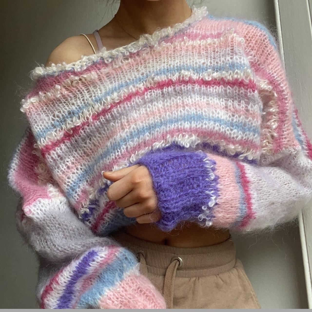 Super cute and colourful hand-knit cropped sweater... - Depop