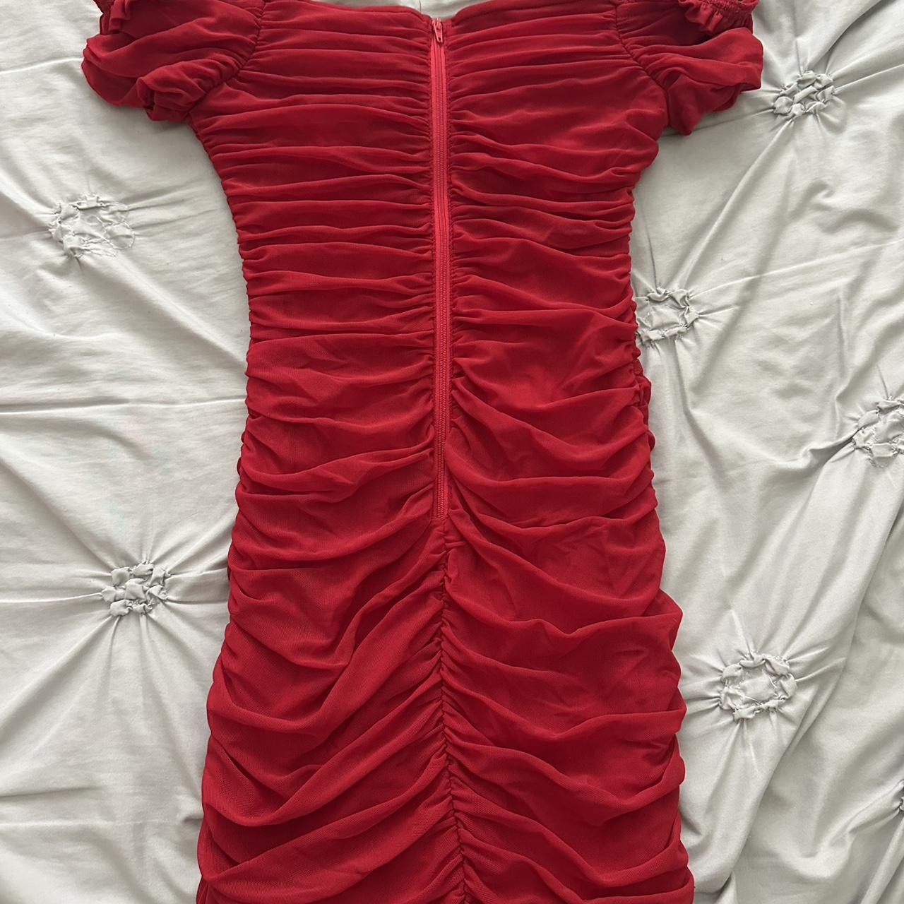 Red ruched mini bodycon dress worn once for... | Depop