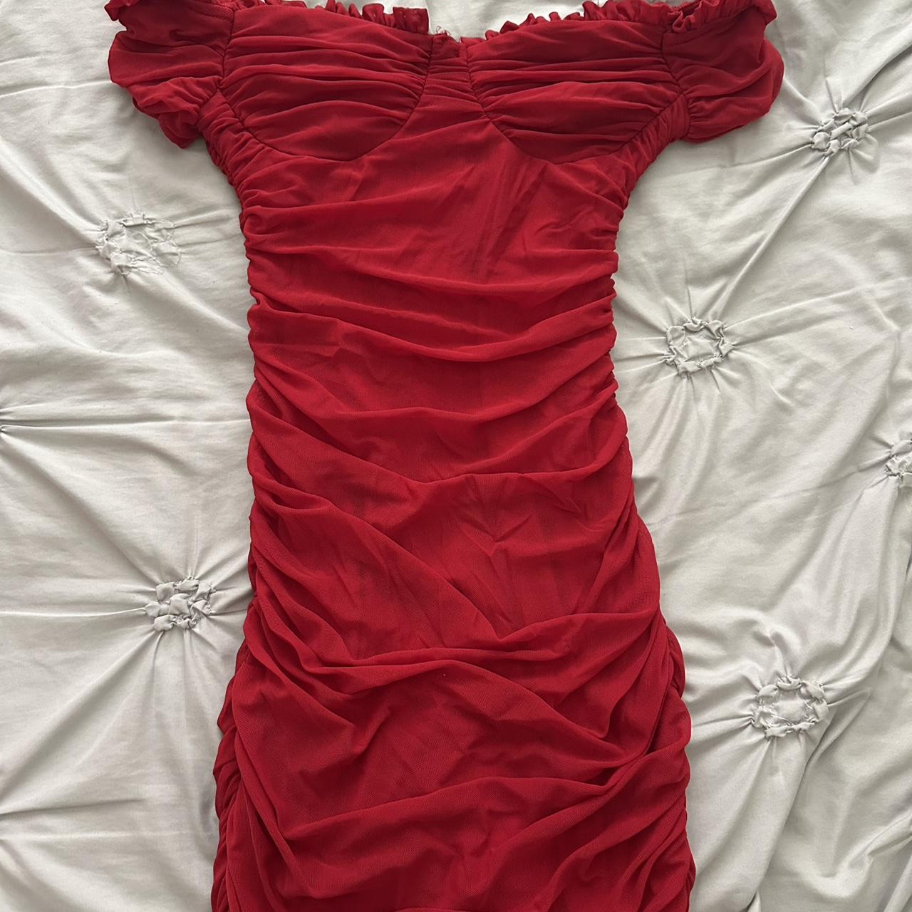 Red ruched mini bodycon dress worn once for... | Depop