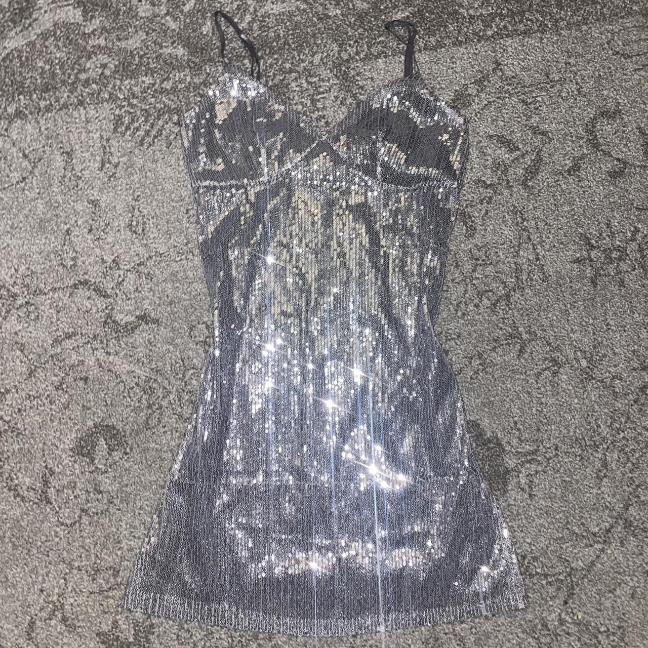 Early 2000s Y2K silver sequin party mini dress You... - Depop