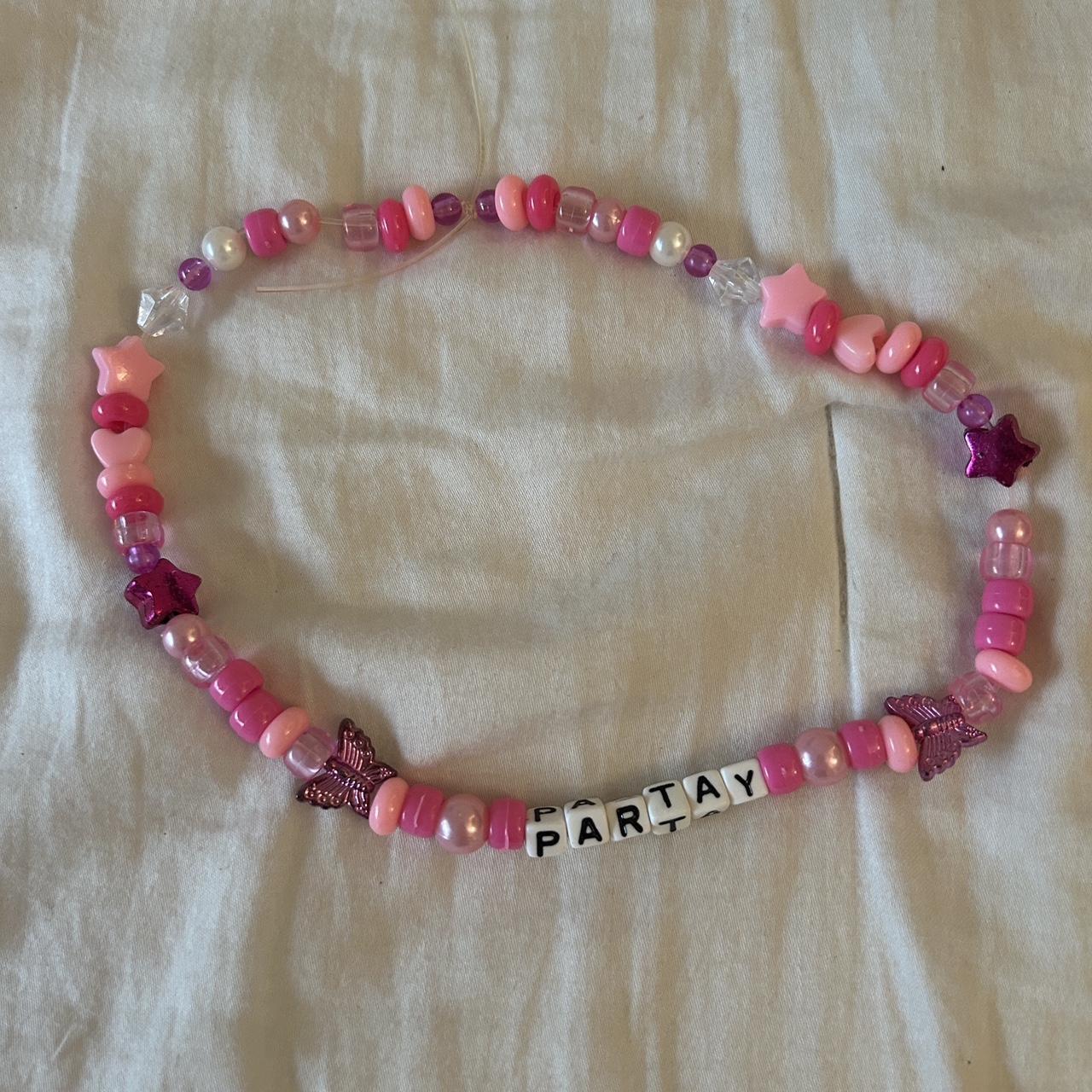 Pink “PARTAY” beaded necklace Handmade necklace,... | Depop