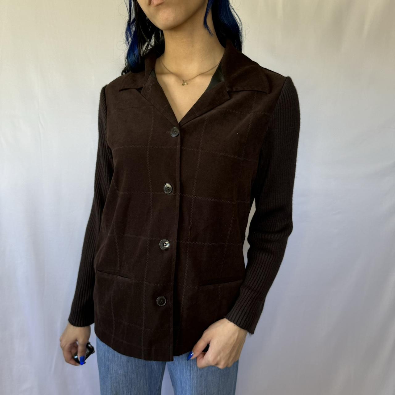 Vintage brown suede button up jacket with knitted... - Depop