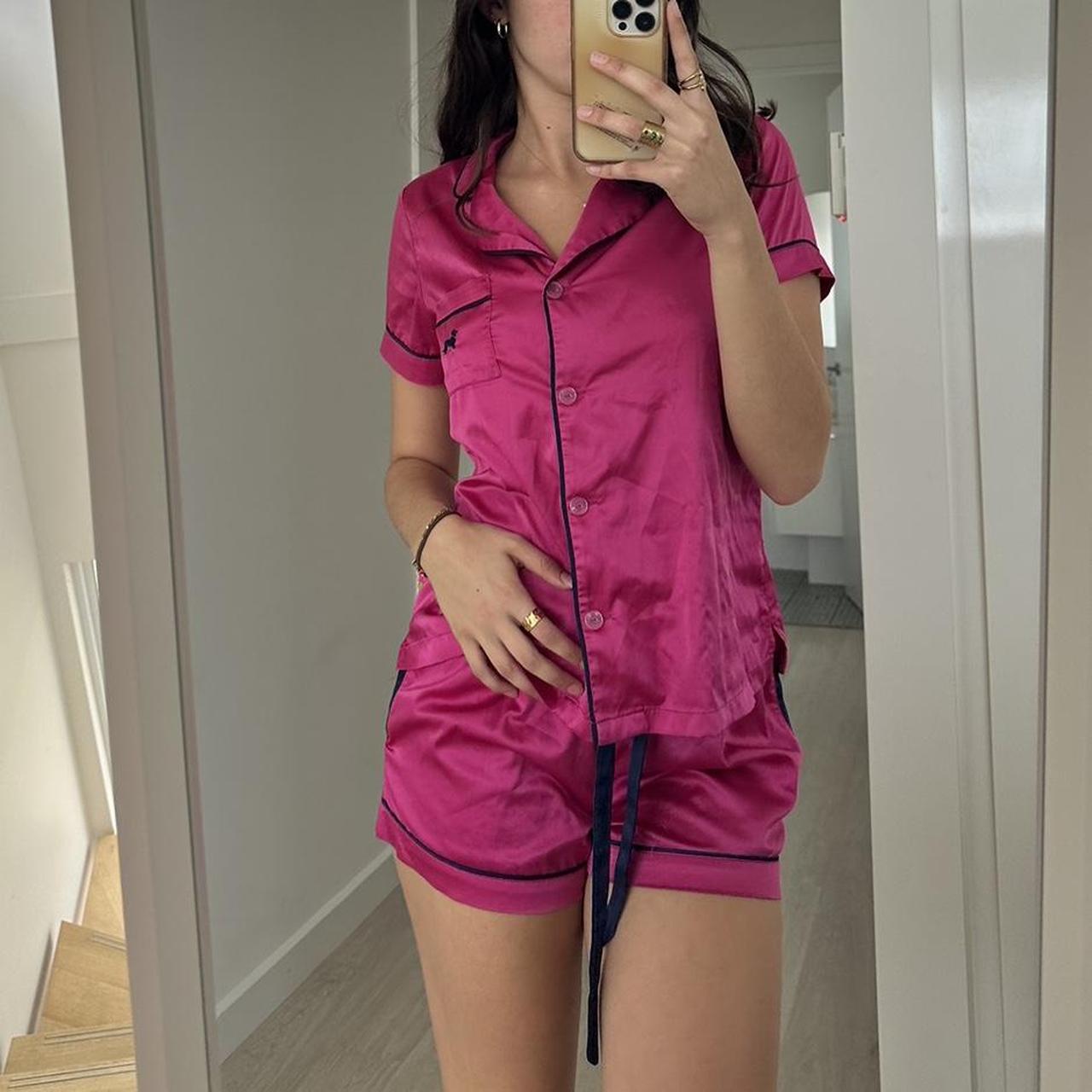 Hot pink Peter Alexander satin pyjama set with navy... - Depop
