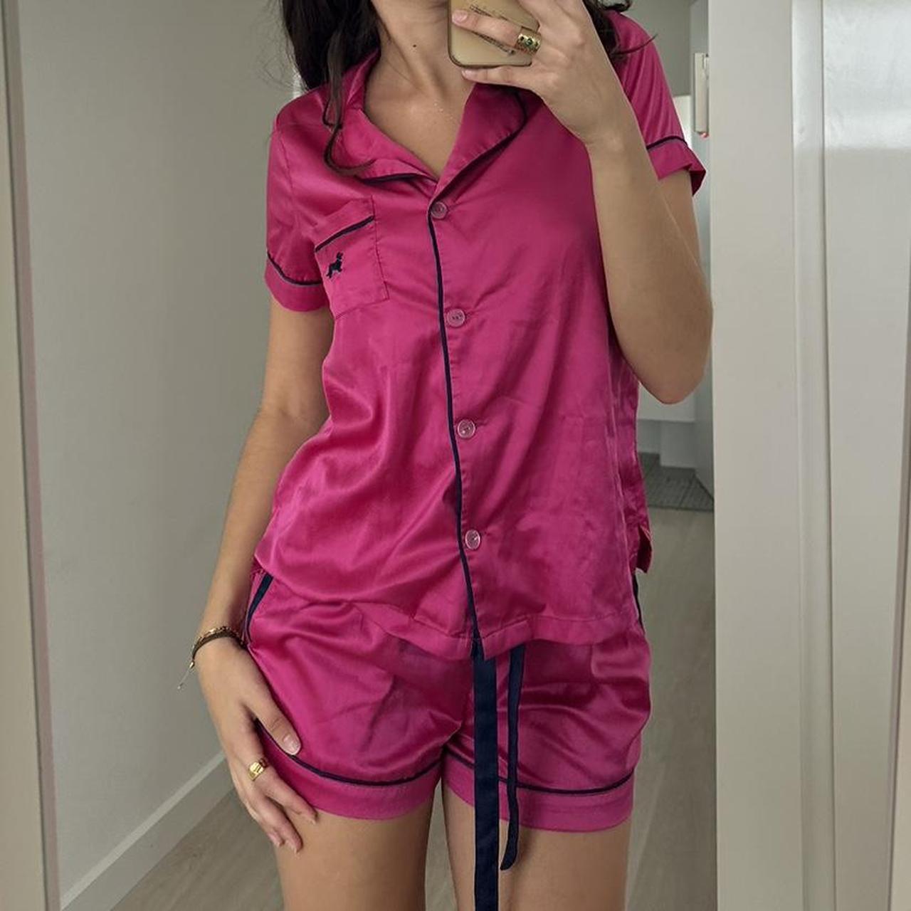 Hot pink Peter Alexander satin pyjama set with navy... - Depop