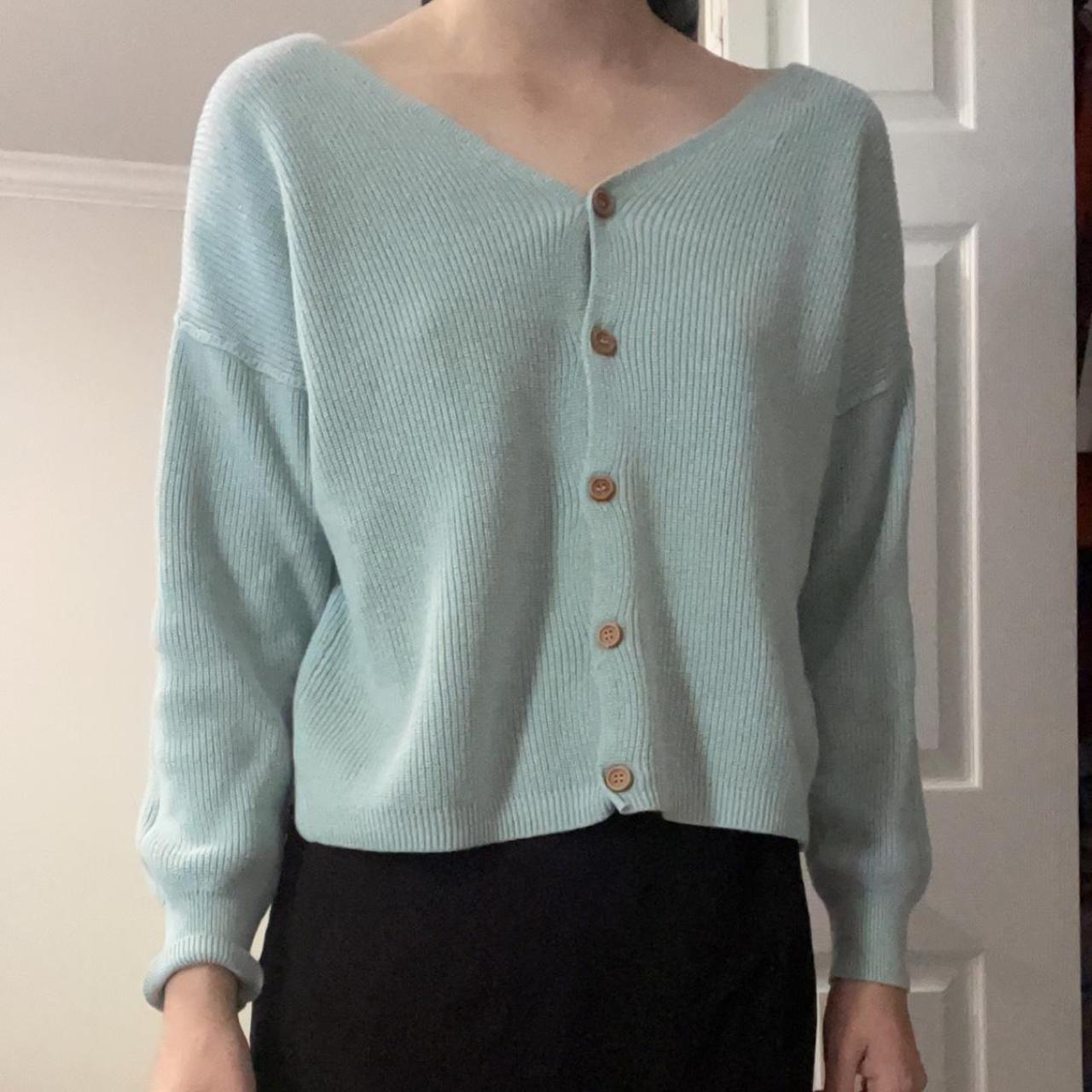 light blue knit button-up slouchy sweater (size... - Depop