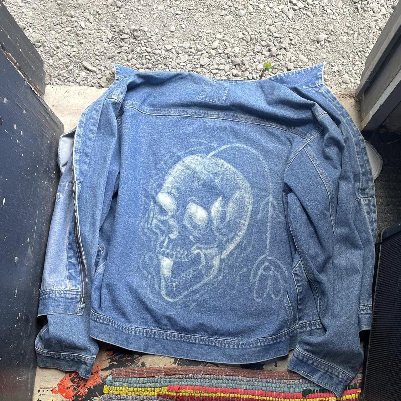 Denim jacket hand bleached skeleton- Old navy Medium - Depop