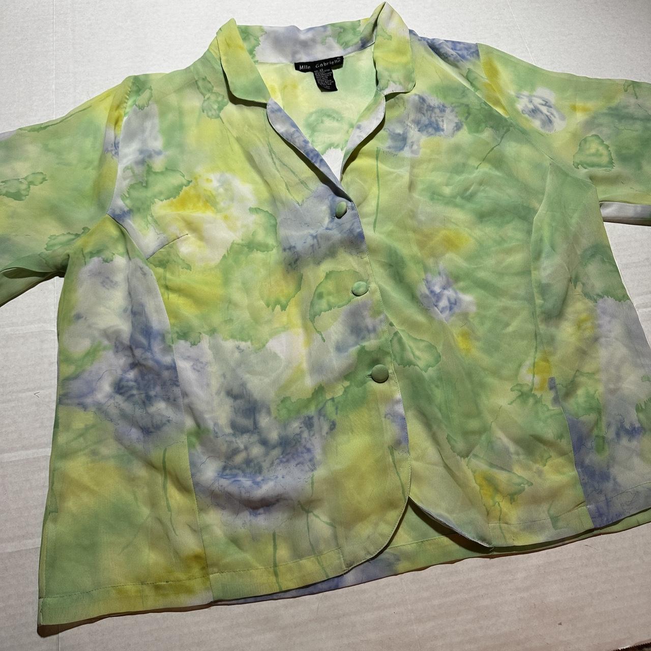 Sheer polyester button up blouse in a watercolor art... - Depop