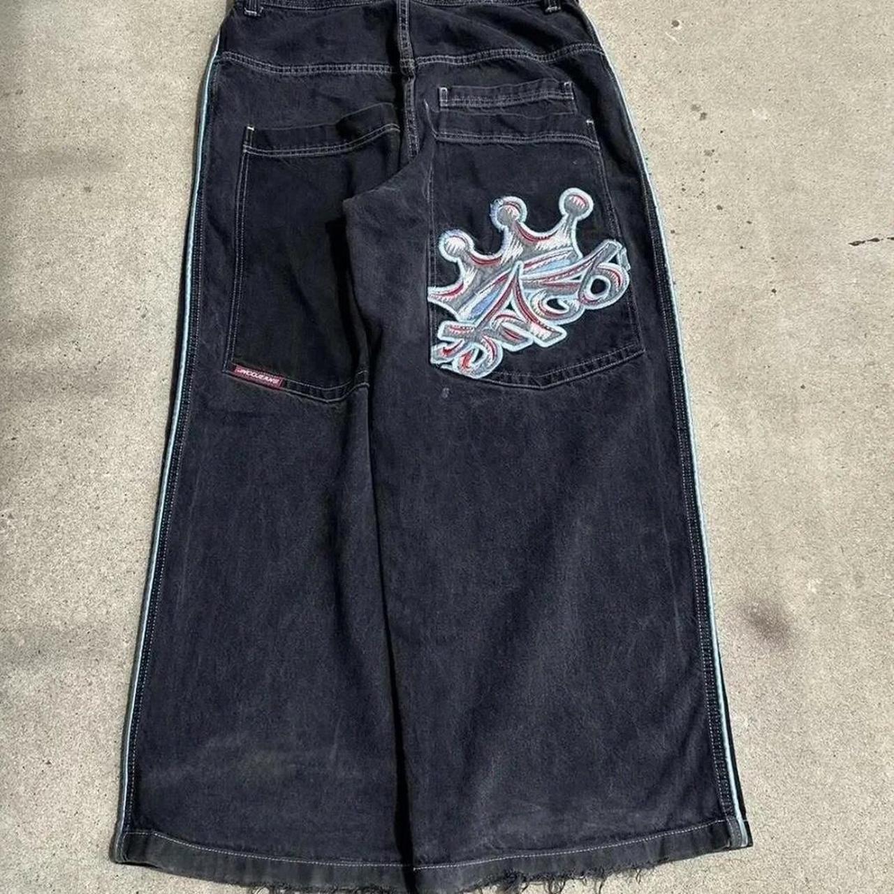 JNCO black wide leg jeans with silver crown design... | Depop