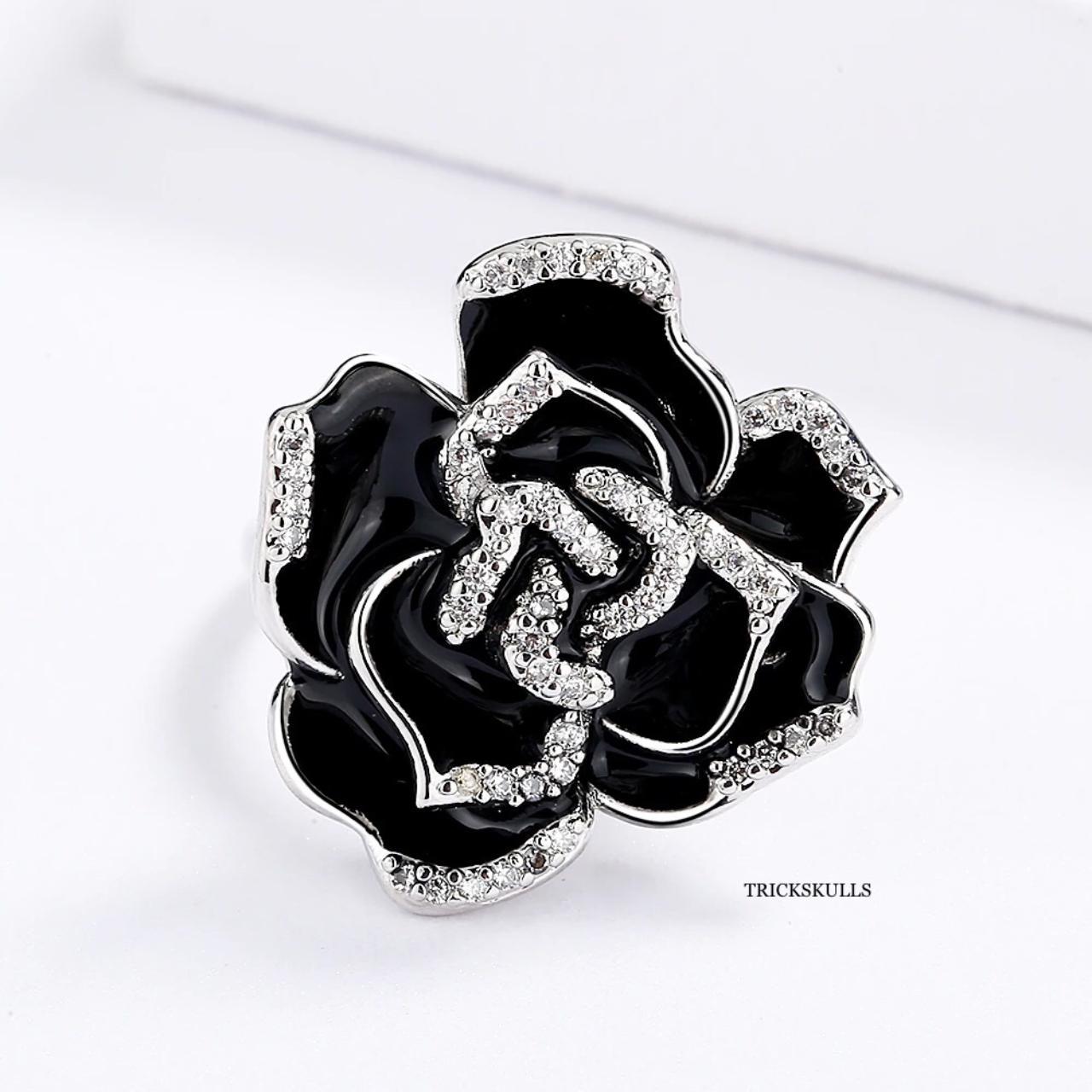 Black Rose Enamel Flower Zircon Pave Ring Modern... - Depop