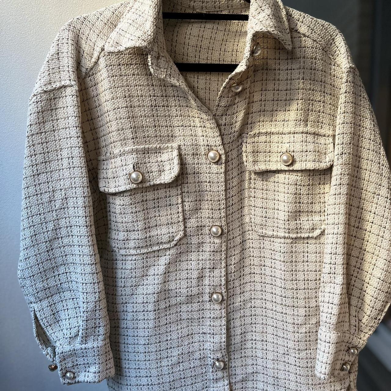 Cream tweed shirt shacket with pearl buttons Size 8-10 - Depop