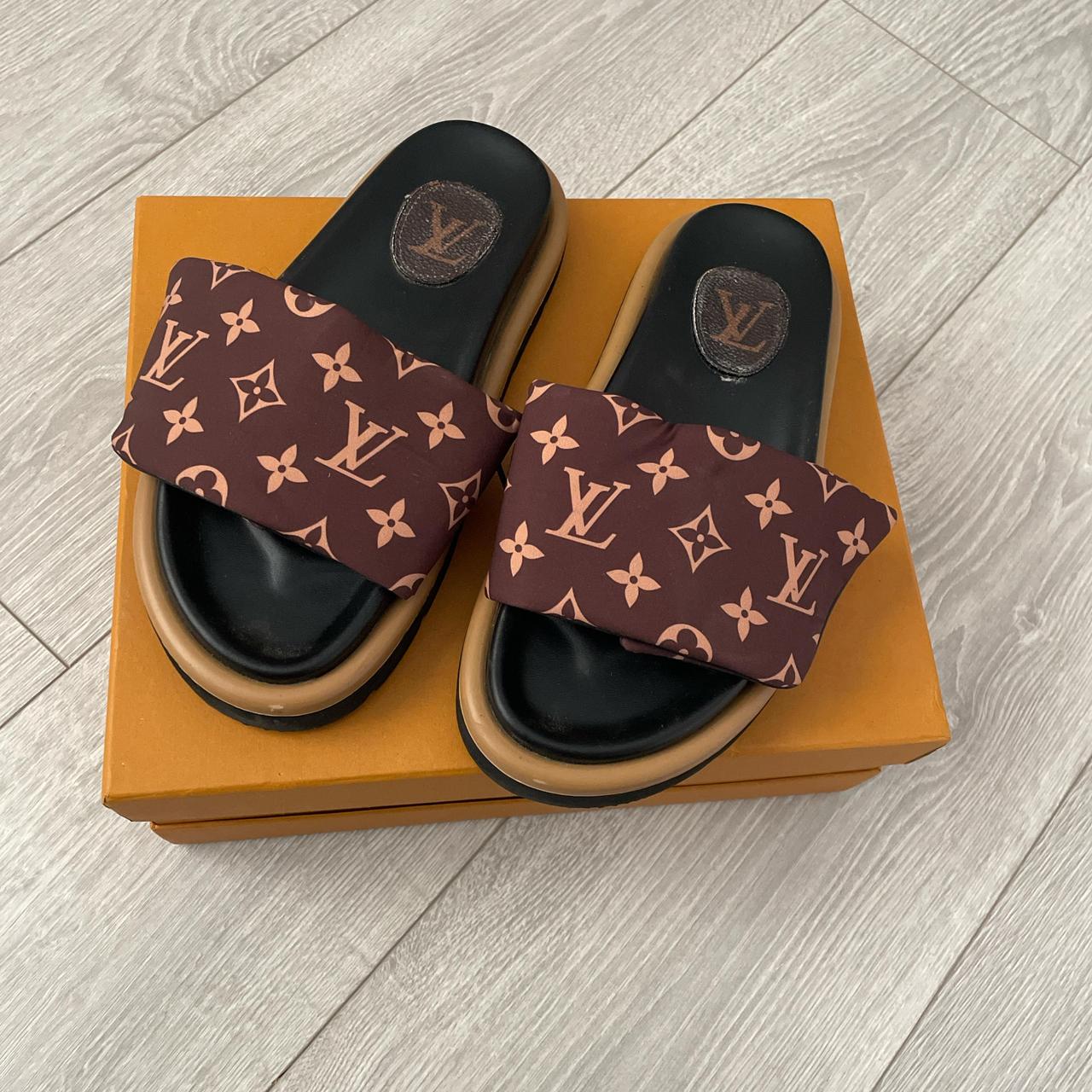 Brown monogram pillow slides Worn once Size... - Depop
