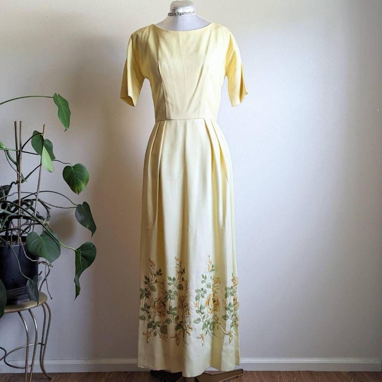 Vintage 1960s Pastel Yellow Embroidered Floral Maxi... - Depop