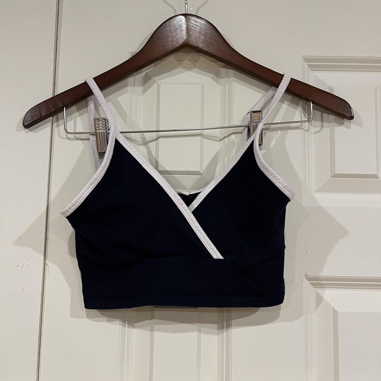 Brandy Melville navy and white cross over crop top - Depop