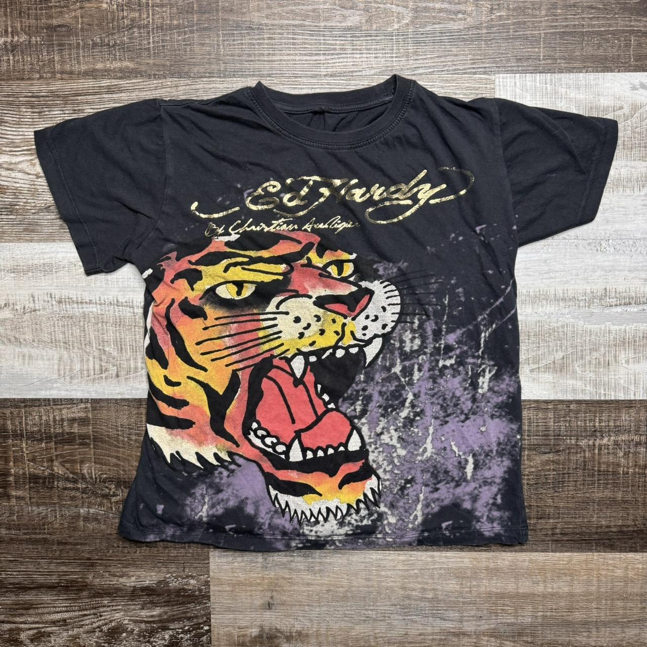 Ed Hardy Front AOP Tiger Head Black T Shirt Womens... - Depop