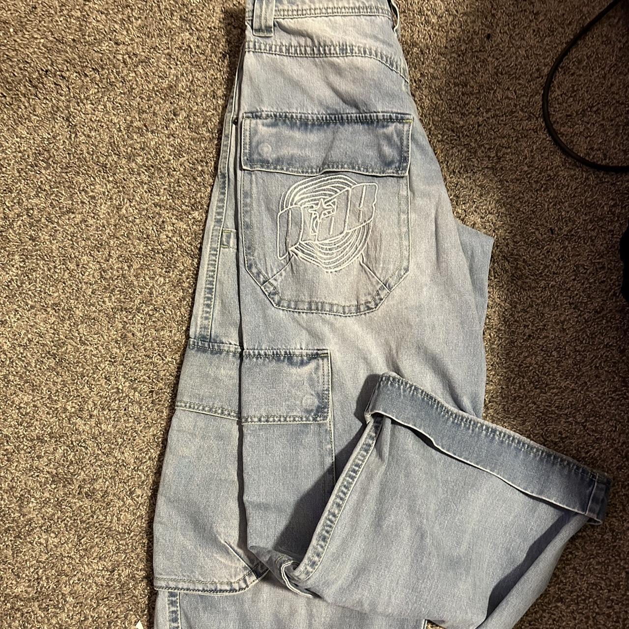 Alab cargo light wash denim jeans with embroidery,... - Depop