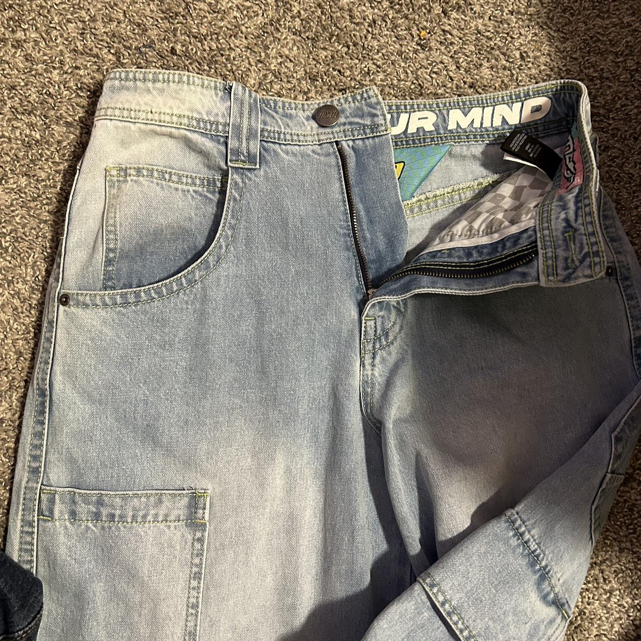 Alab cargo light wash denim jeans with embroidery,... - Depop