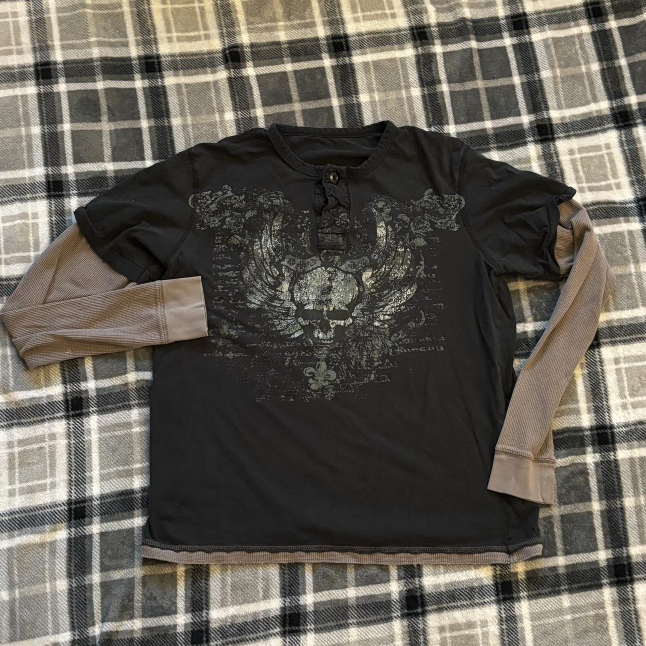 Y2K grunge long sleeve shirt with skulls - black and... - Depop